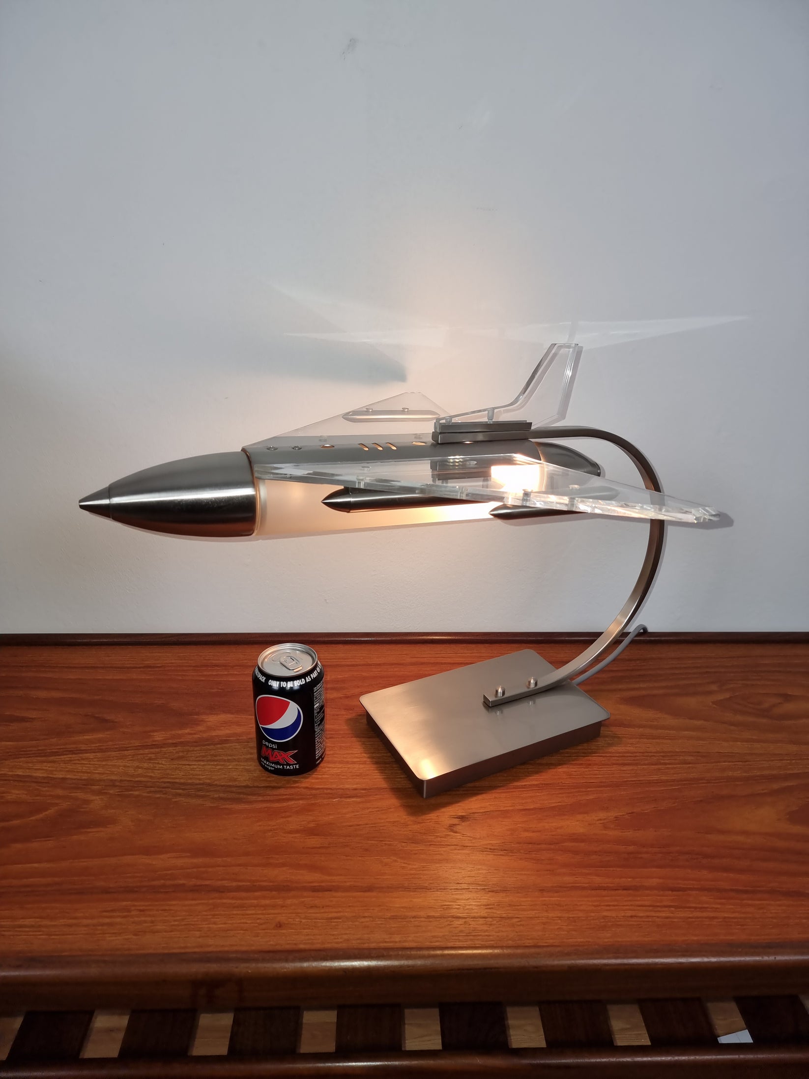 1980s Steel and clear Perspex retro jet plane table lamp – Malvern Antiques